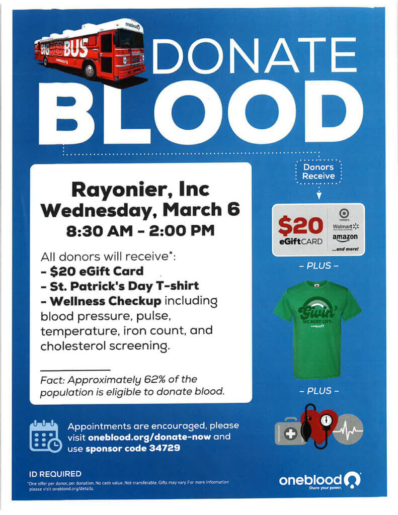 OneBlood Bus at Rayonier - Wednesday, March 6th