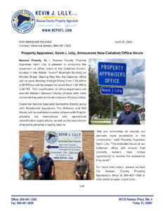 Property Appraiser, Kevin J. Lilly, Announces New Callahan Office Hours